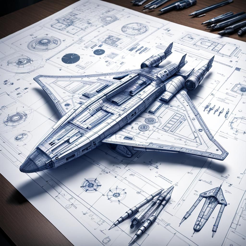 Annotated detailed blueprint spaceship, drawn on an a4 sheet of paper ...