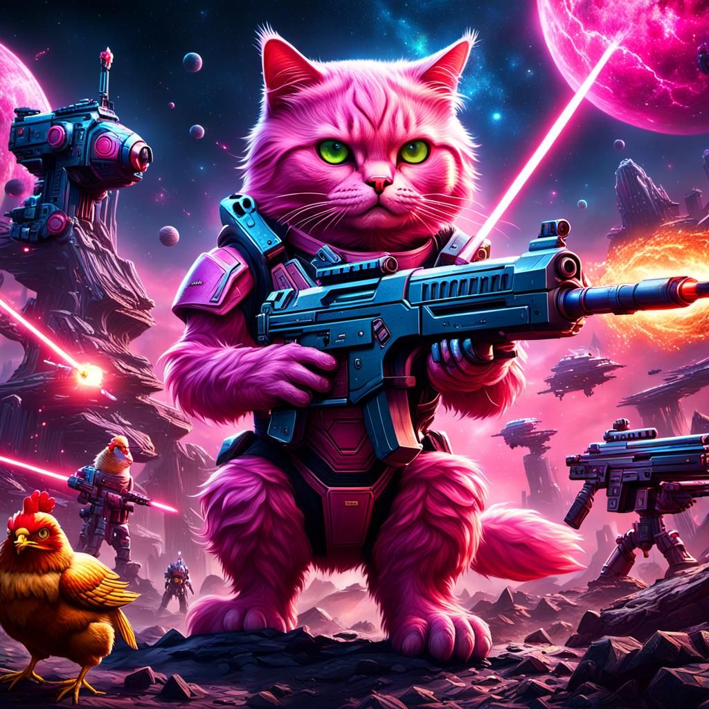 A giant pink cat shoots laser guns at chicken robots in a Guardian of ...