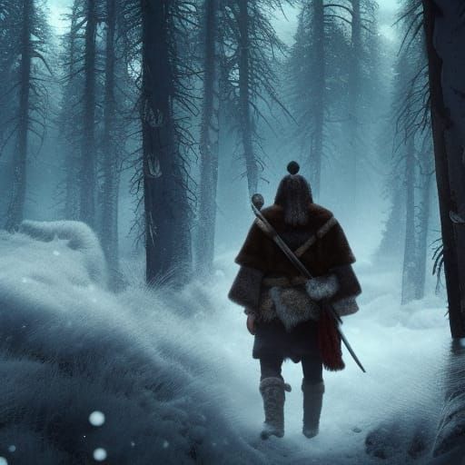 a close-up of a Viking walking through a winter pine forest at night ...