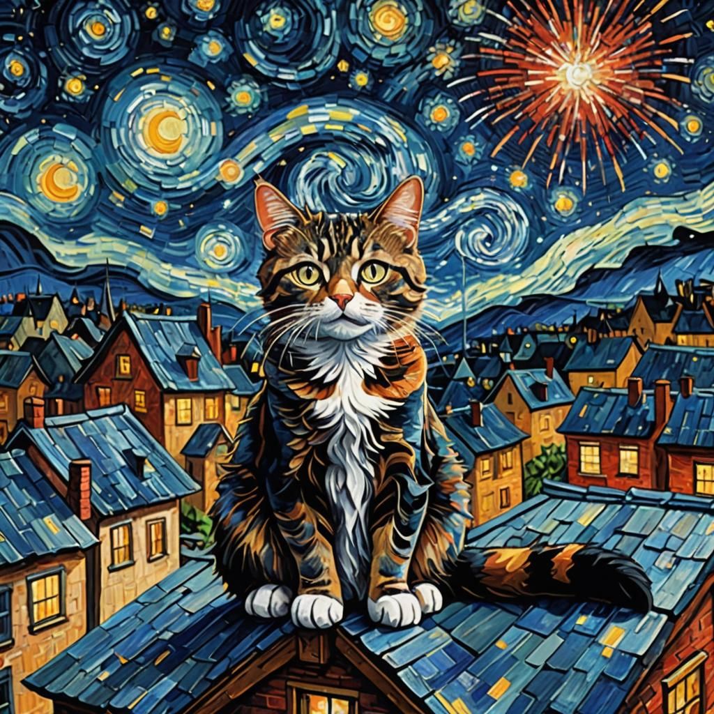 Kitty's Starry Night with Fireworks - AI Generated Artwork - NightCafe ...