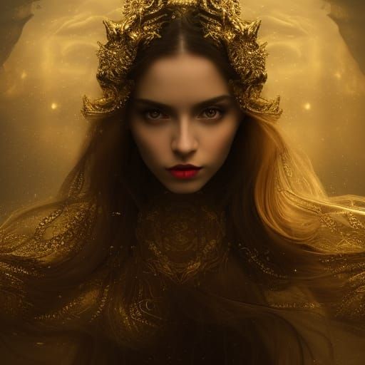 Young woman, soft face, siren eyes, intricate hair, gold and black ...