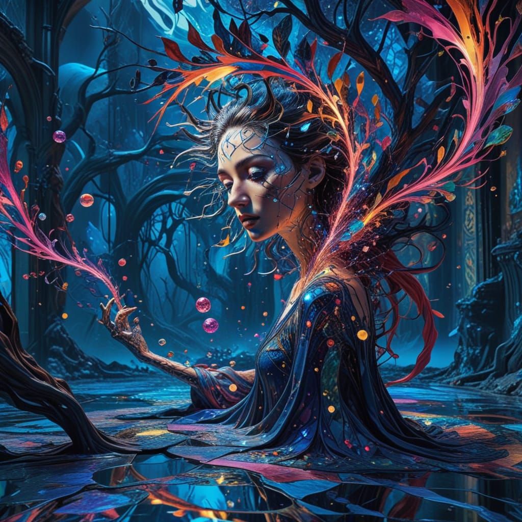 A cosmic artisan hammers nebulae into glowing statues atop a platform ...