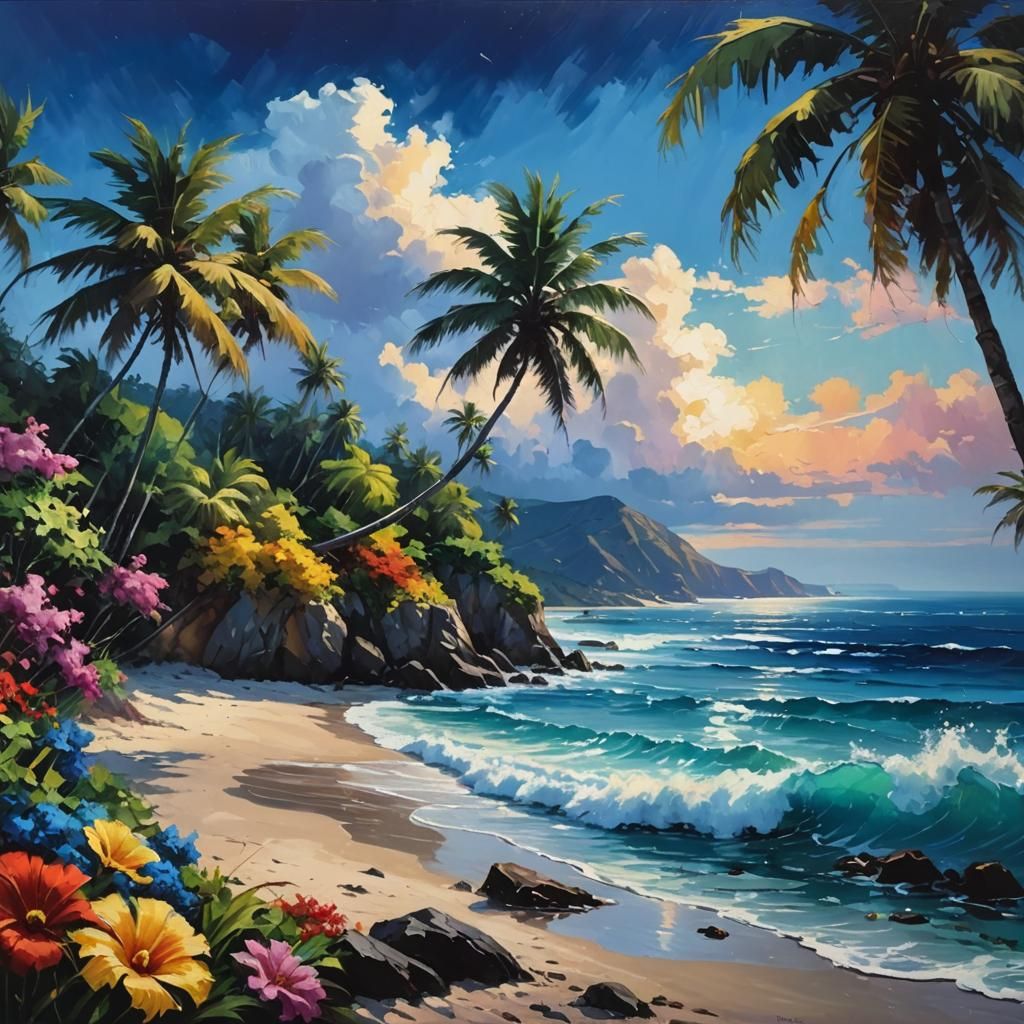 Vibrant Beach Scene in Neo-Expressionist Oil Paint... - AI Art