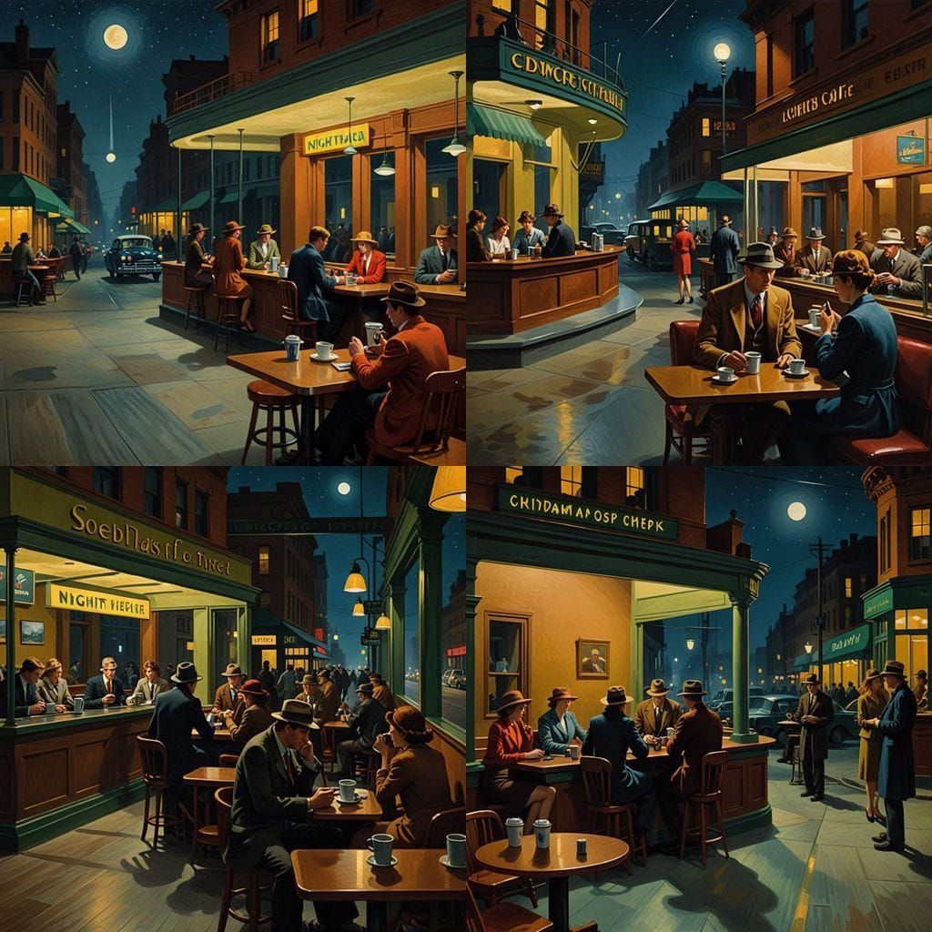 Smartphone Cafe Patrons in a Nighttime Scene - AI Art