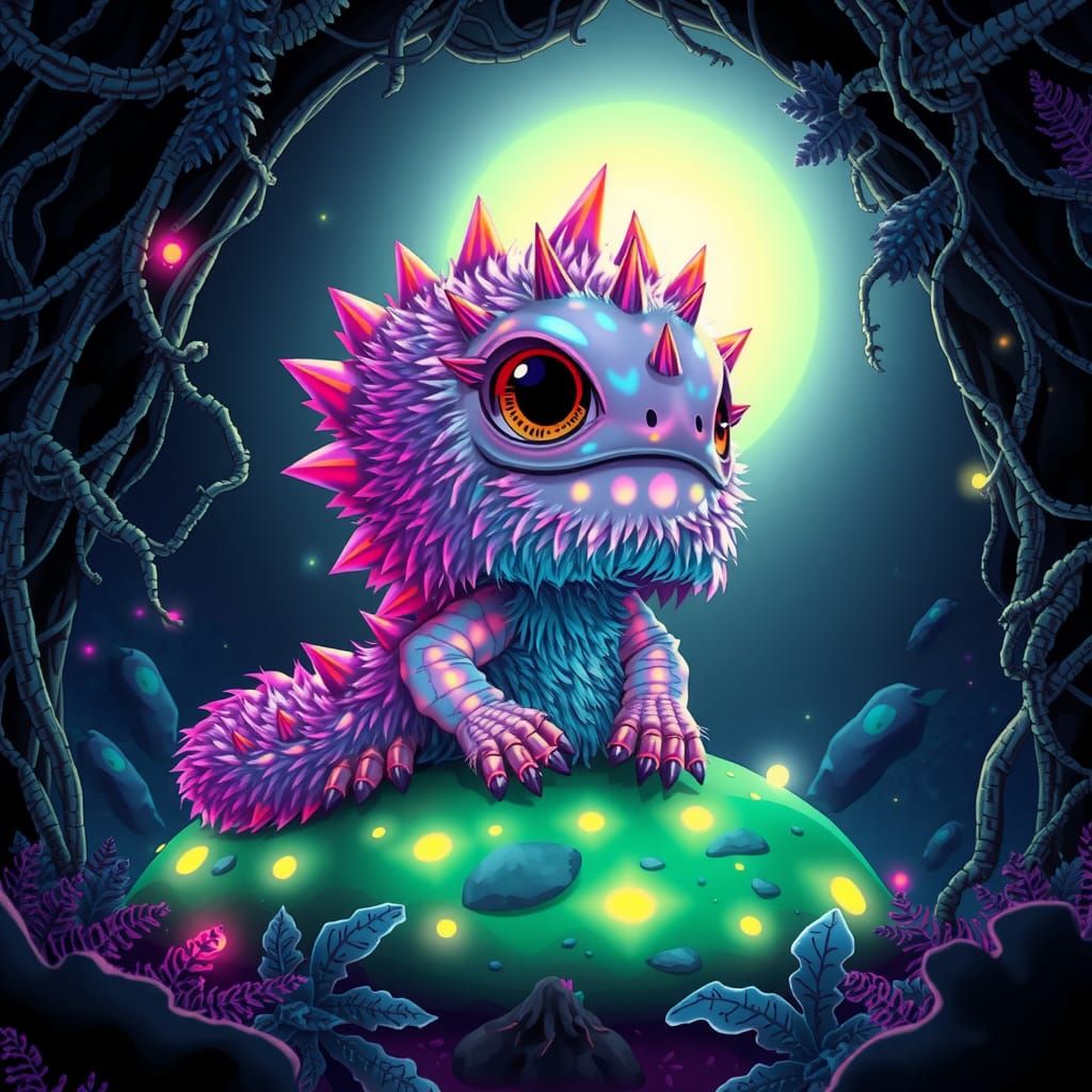 Whimsical Chibi Reptile in Shimmering Jungle Oasis - AI Art