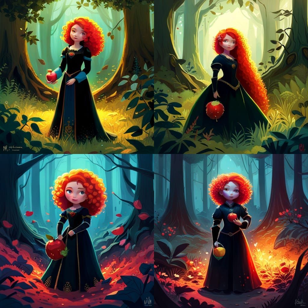 face portrait of a cute merida holding a red apple filigree gremlin ...