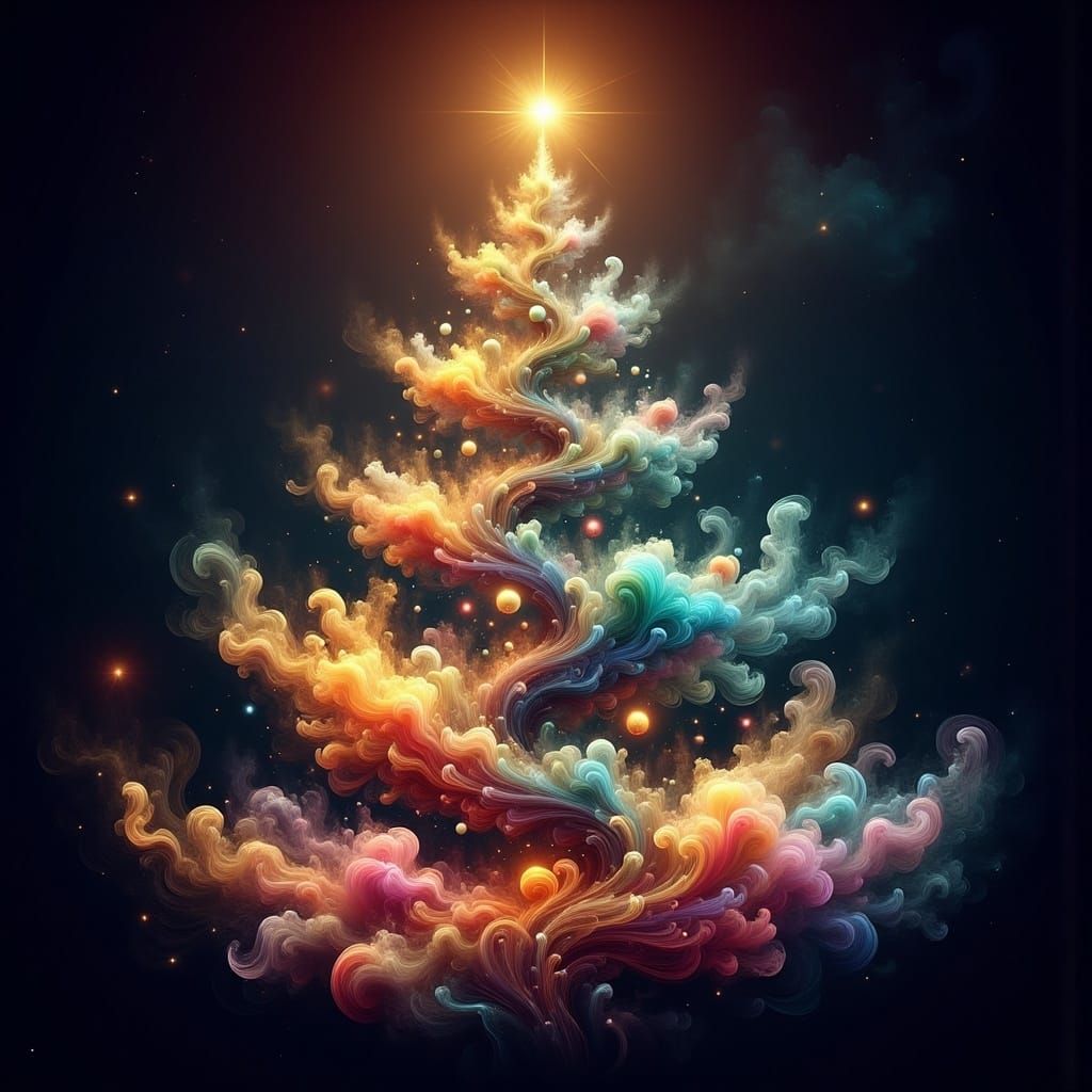 Create a surreal, cosmic-themed artwork depicting a Christmas tree made ...
