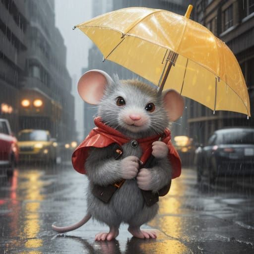 Vibrant 3D Claymation Mouse in Whimsical Rainy Cit... - AI Art