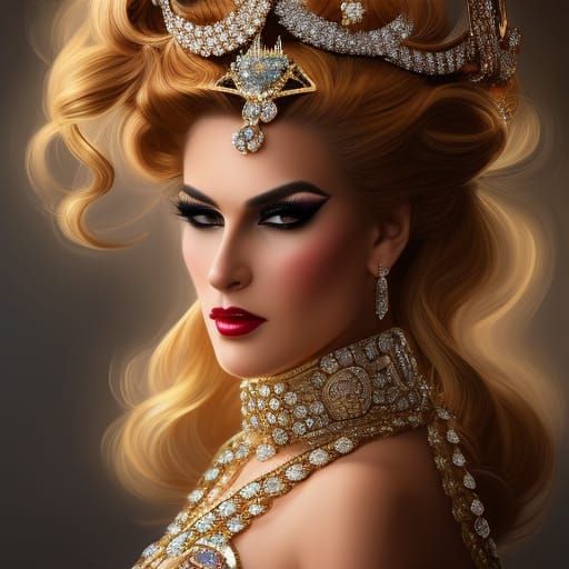 Drag queen: crown, big jewellery, over the top hair and makeup, long ...