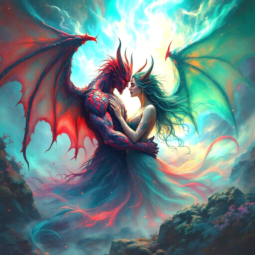 Surreal Demon Lovers in a Vibrant Fantasy Realm - AI Art