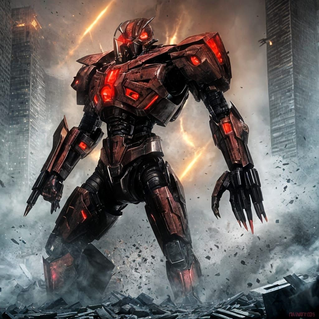 Demon looking Jaeger ravaging a city