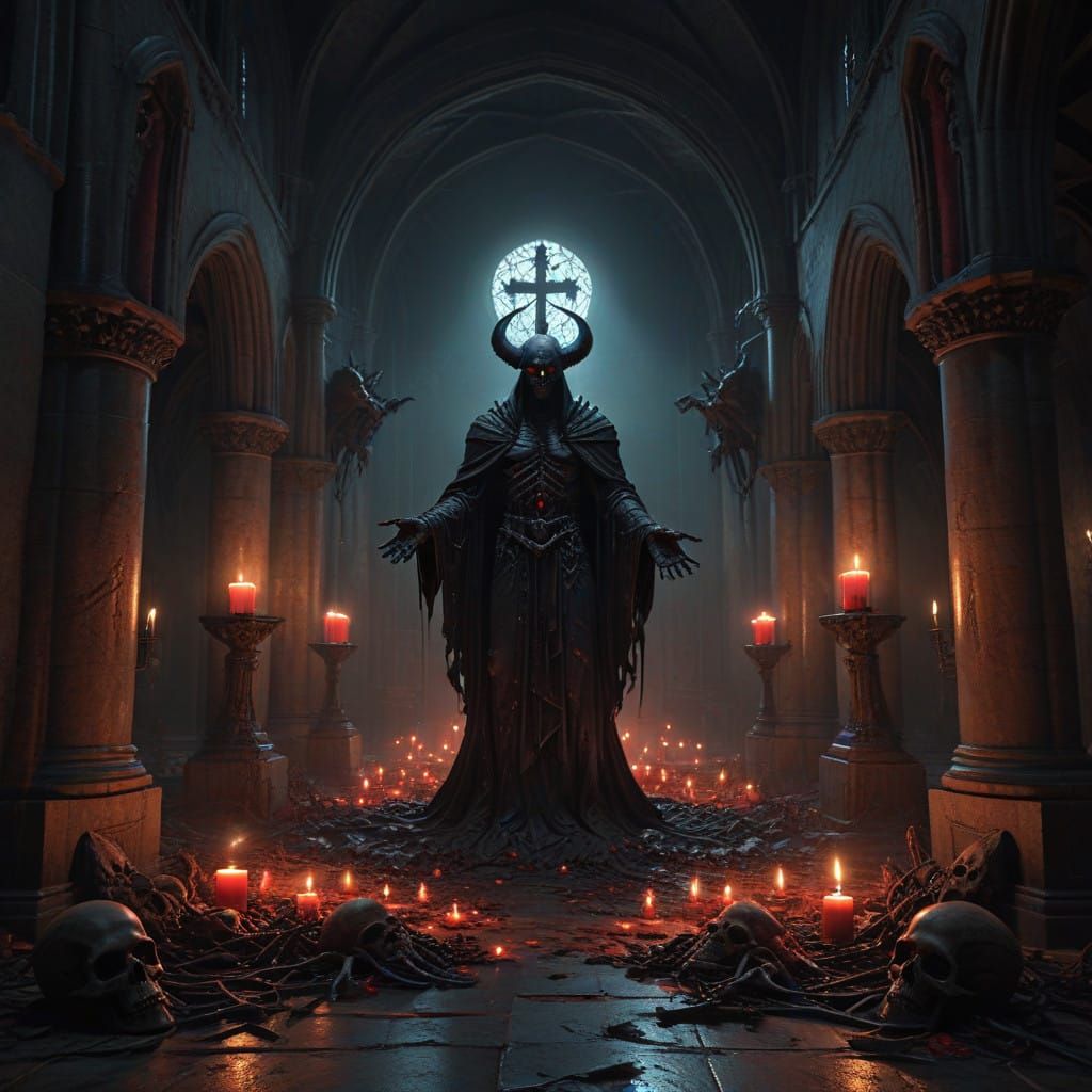Dark Demon Dominates a Desecrated Gothic Church - AI Art