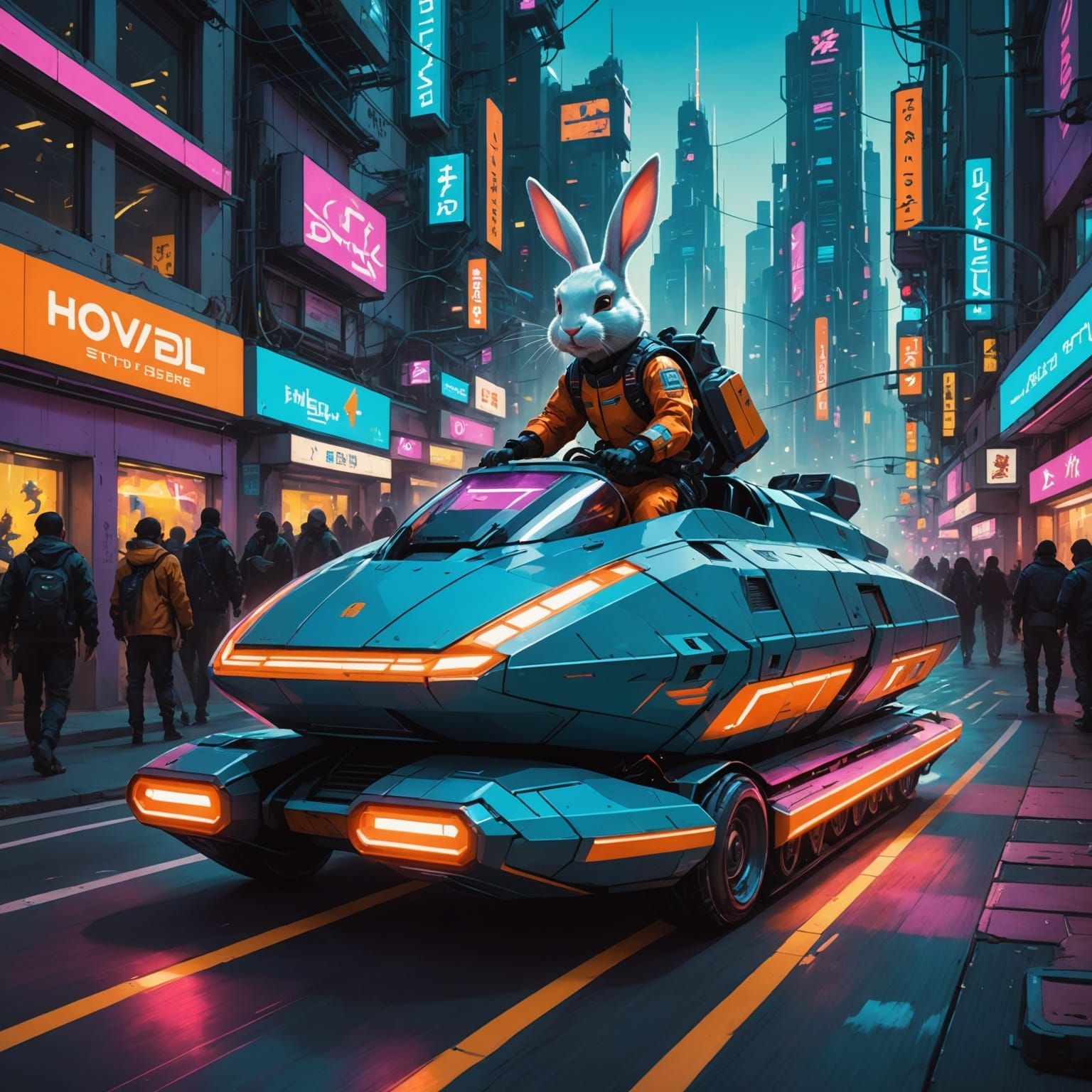 Cyberpunk Easter Bunny Speeds Through Neon City on... - AI Art
