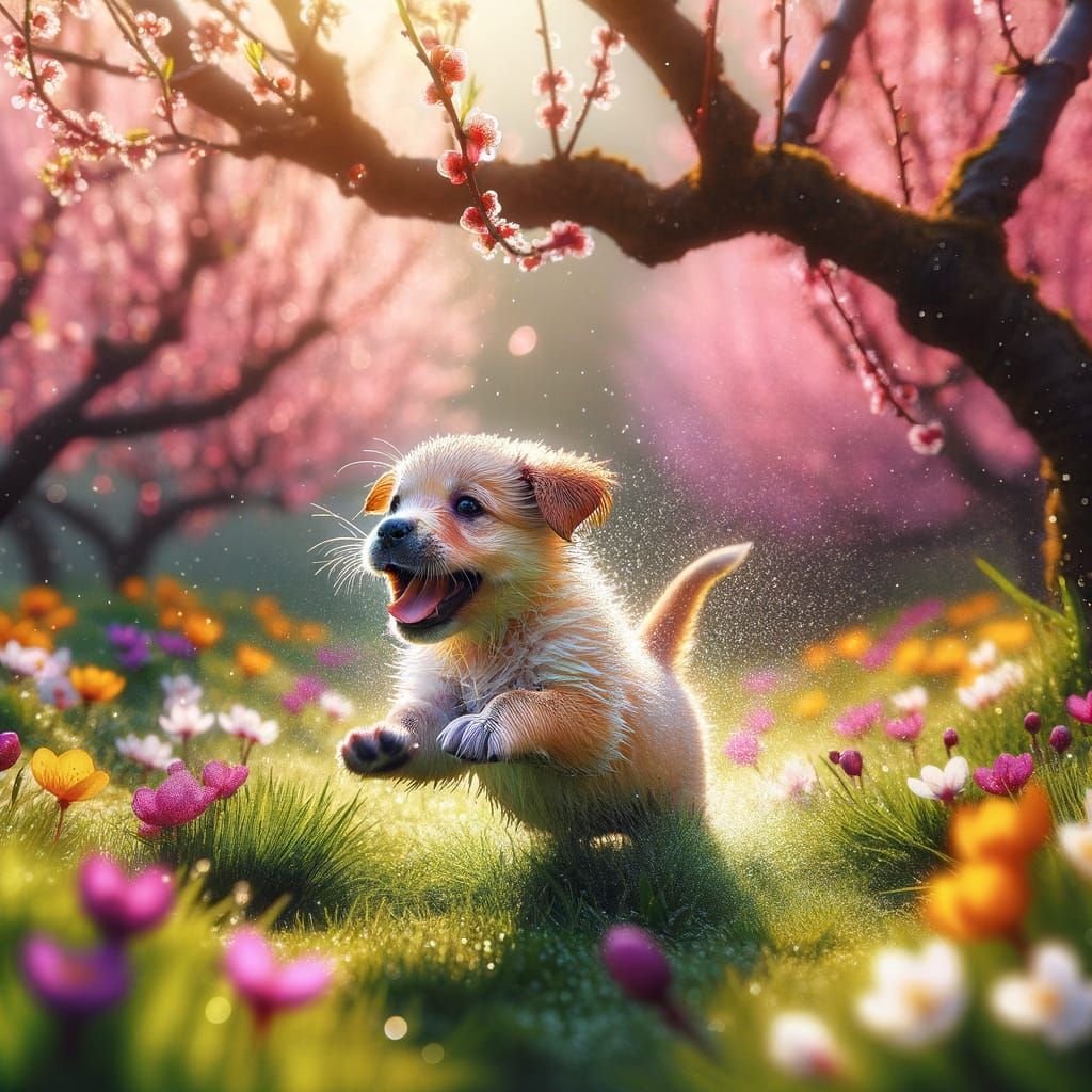 Joyful Springtime Puppy Play - AI Art
