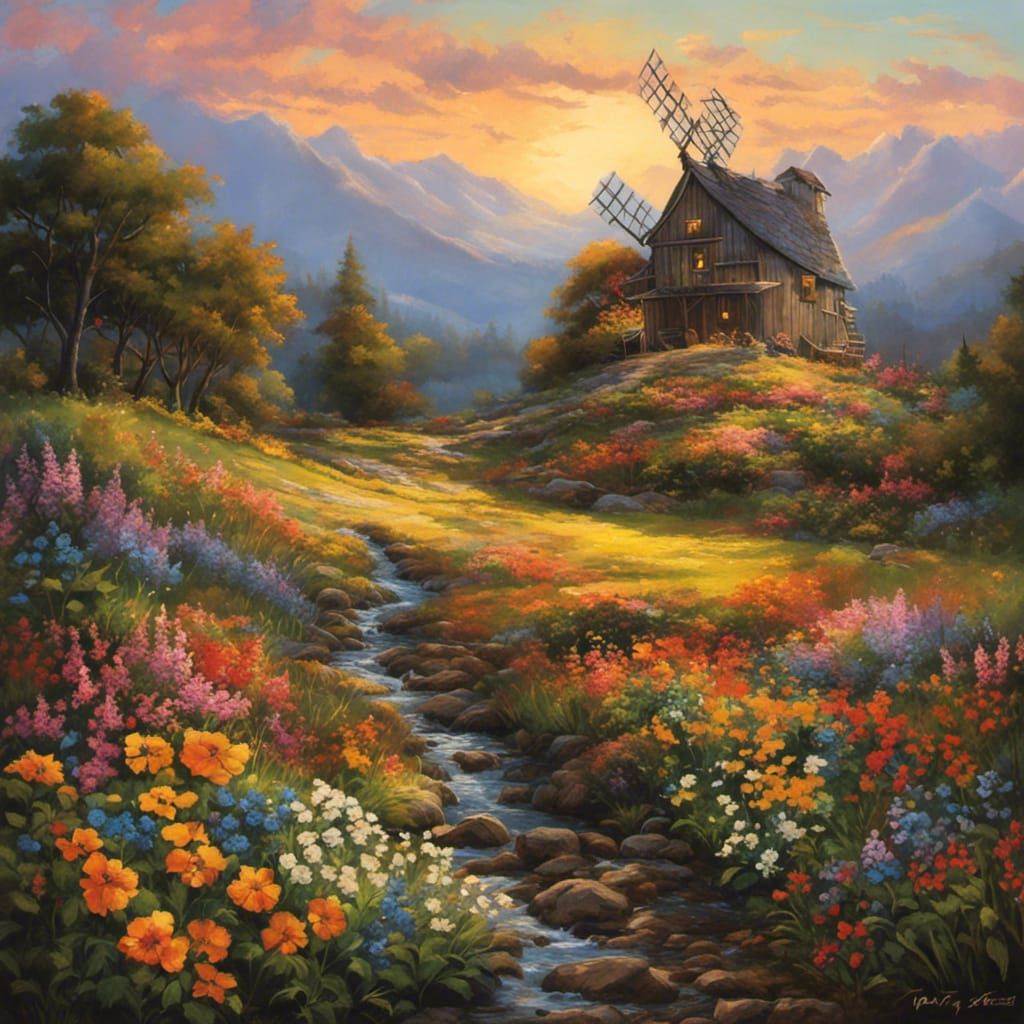 Old windmill, wild flowers, art of Thomas kinkade, sunset, vivid colors ...