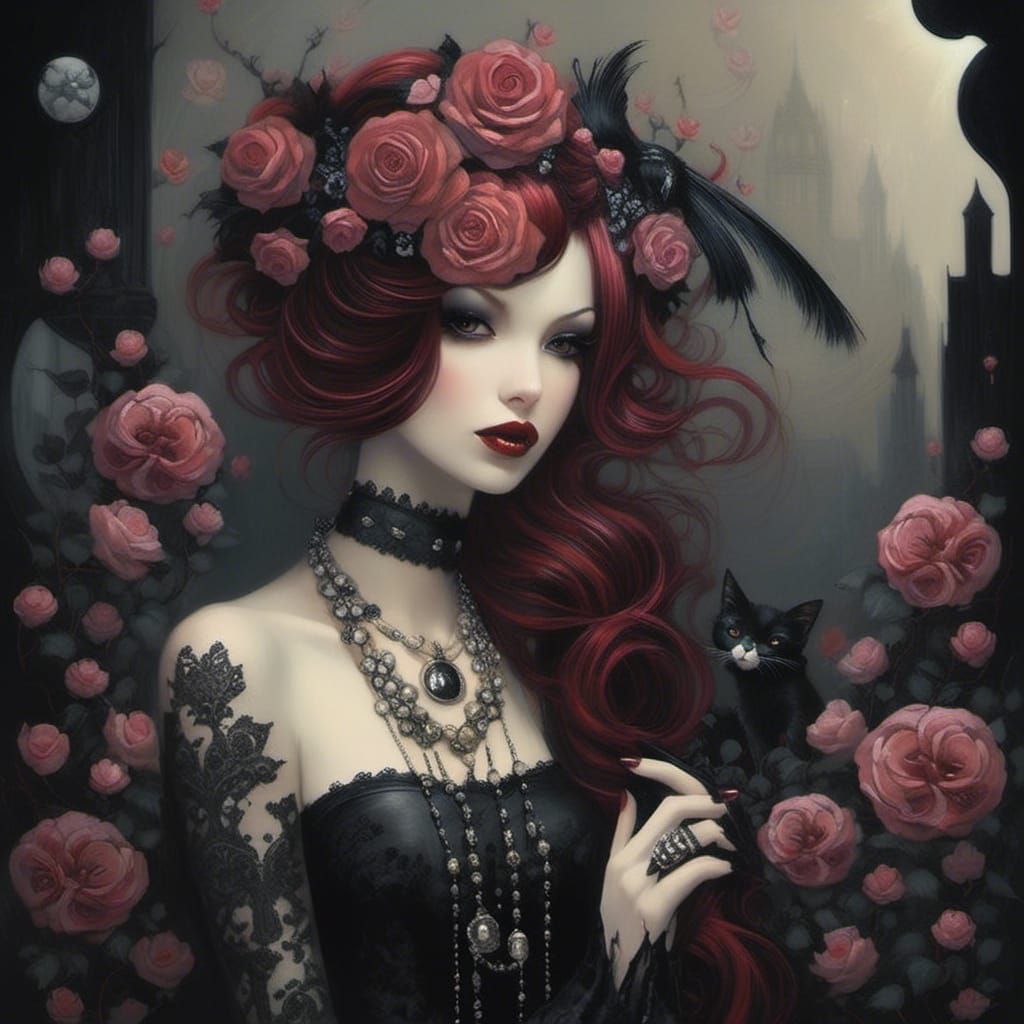 Goth Lady and blooms - AI Generated Artwork - NightCafe Creator
