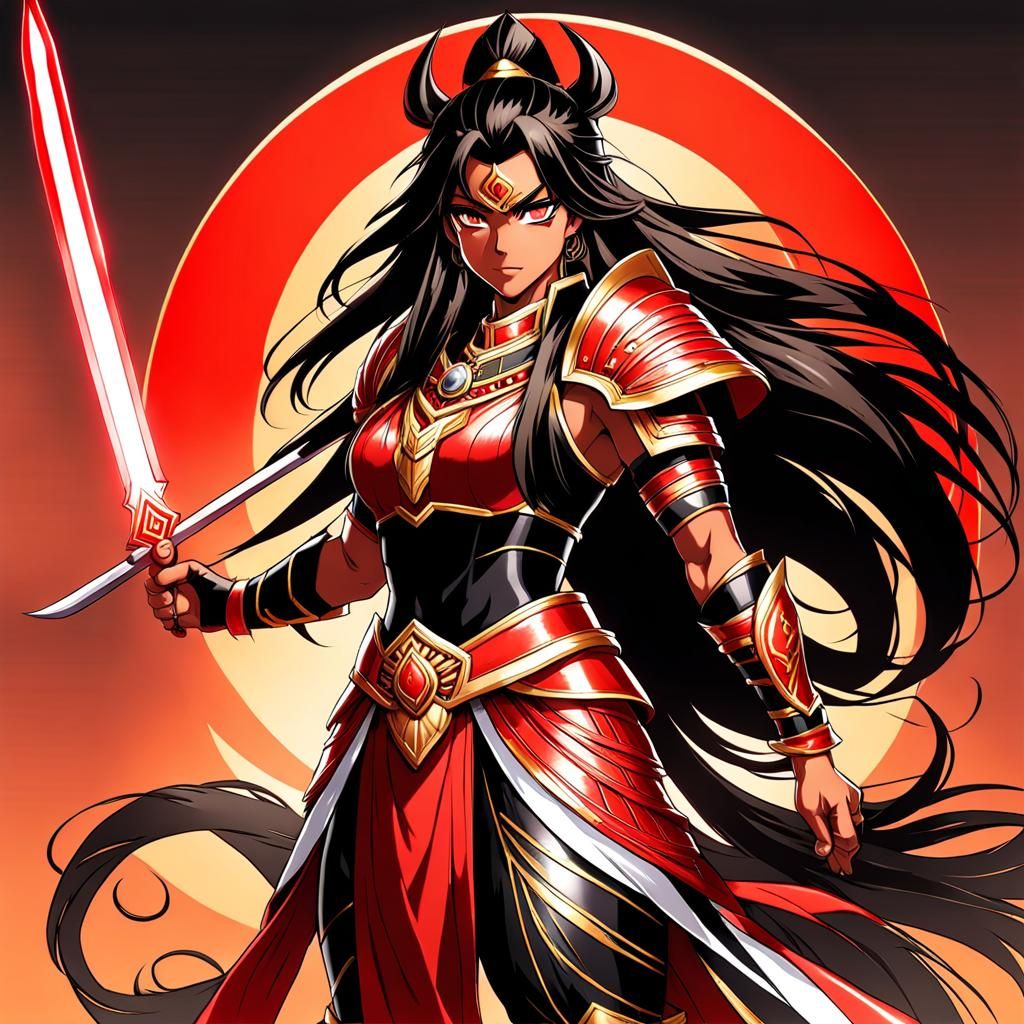 full body portrait of a male Indian Rakshasa warrior with brown skin. black and red lamellar ...