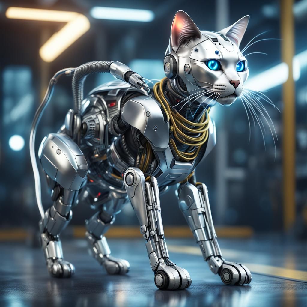 full portrait of robot cyborg cat, silver skin, cyber punk, shiny silky ...