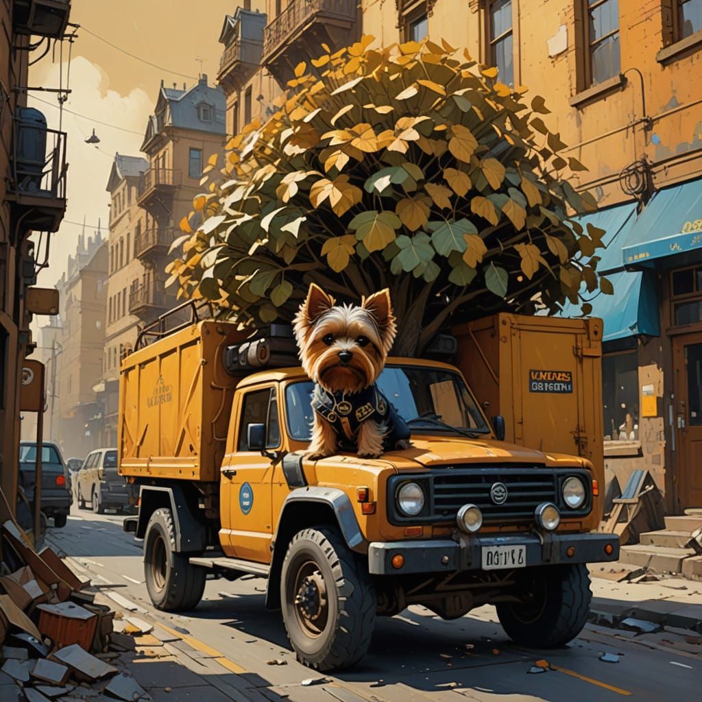 Cute Yorkie in coveralls hanging on the back of a garbage truck, Klimpt ...