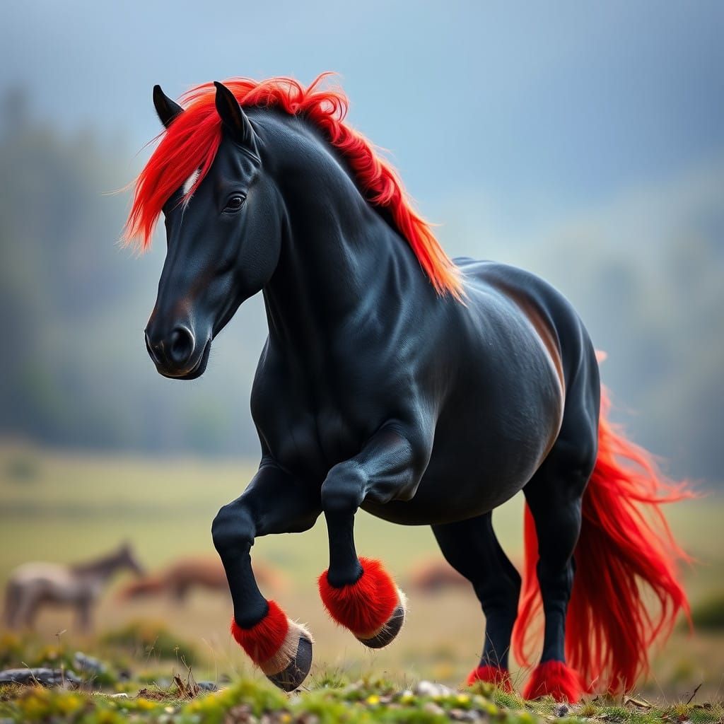 A MAJESTIC BLACK STALLION WITH A FLAME-RED MANE AND TAIL. HER COAT IS ...