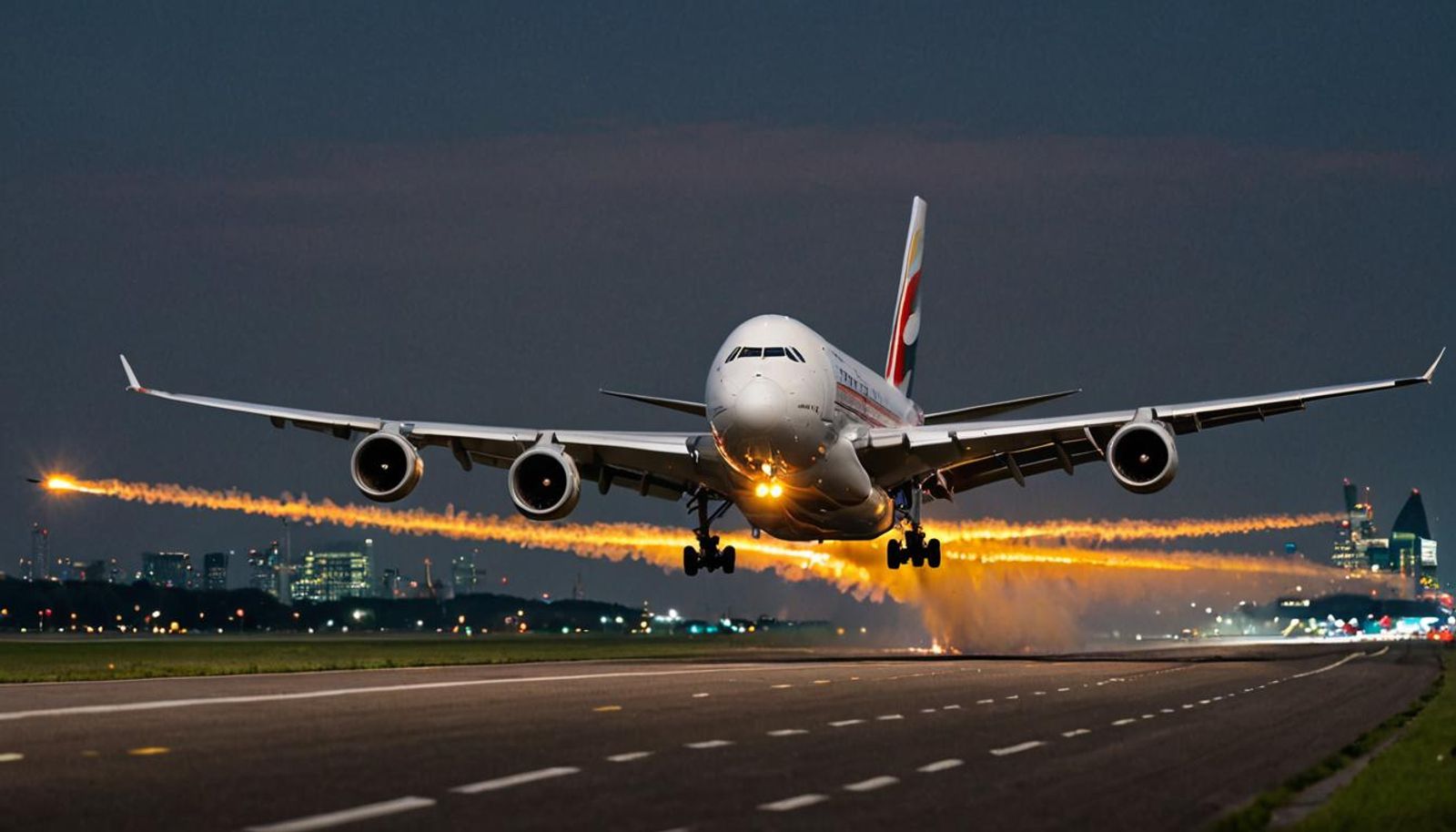 An Airbus A380, illuminated by runway lights, approaches the ground ...
