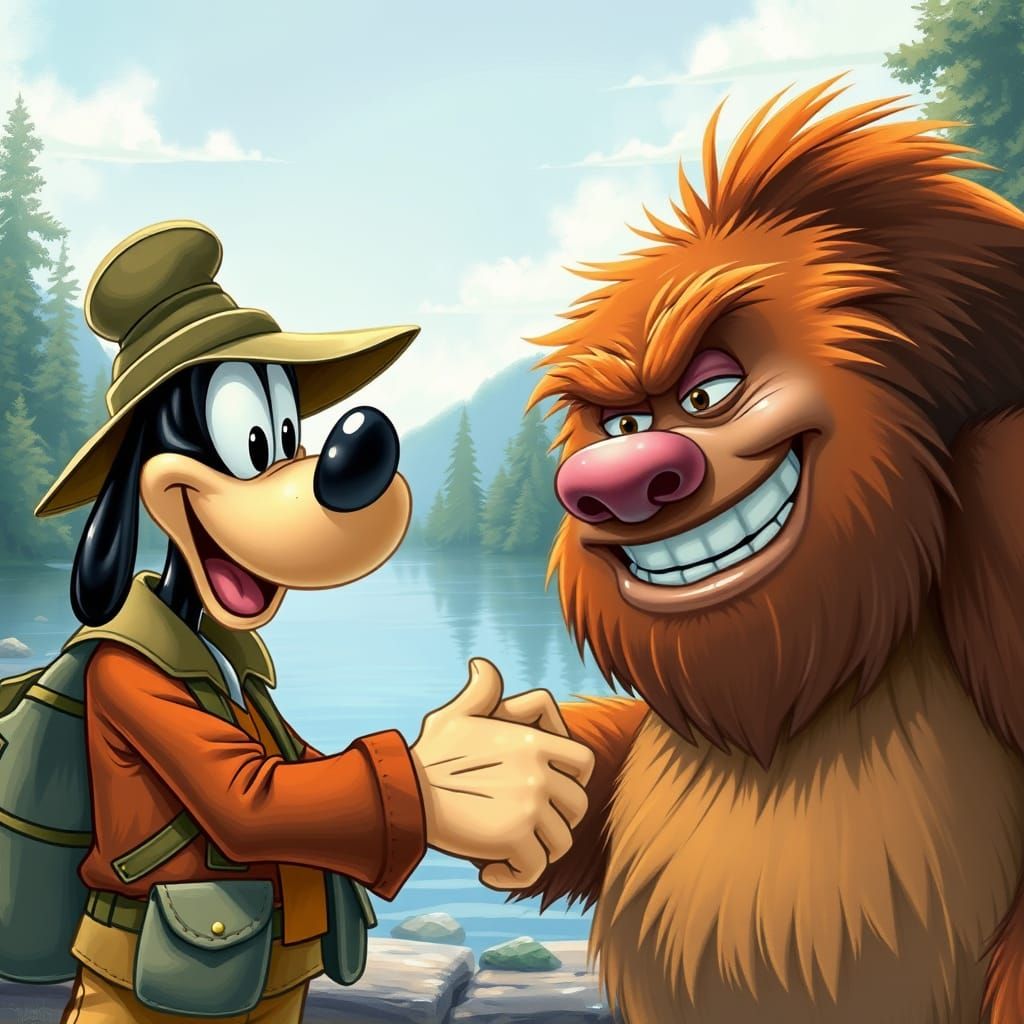 Disney-Style Goofy Meets Bigfoot in Whimsical Lake... - AI Art
