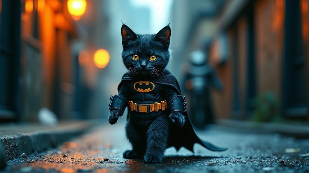 Whimsical Gotham City Tabby Cat as Batman in Vibra... - AI Art