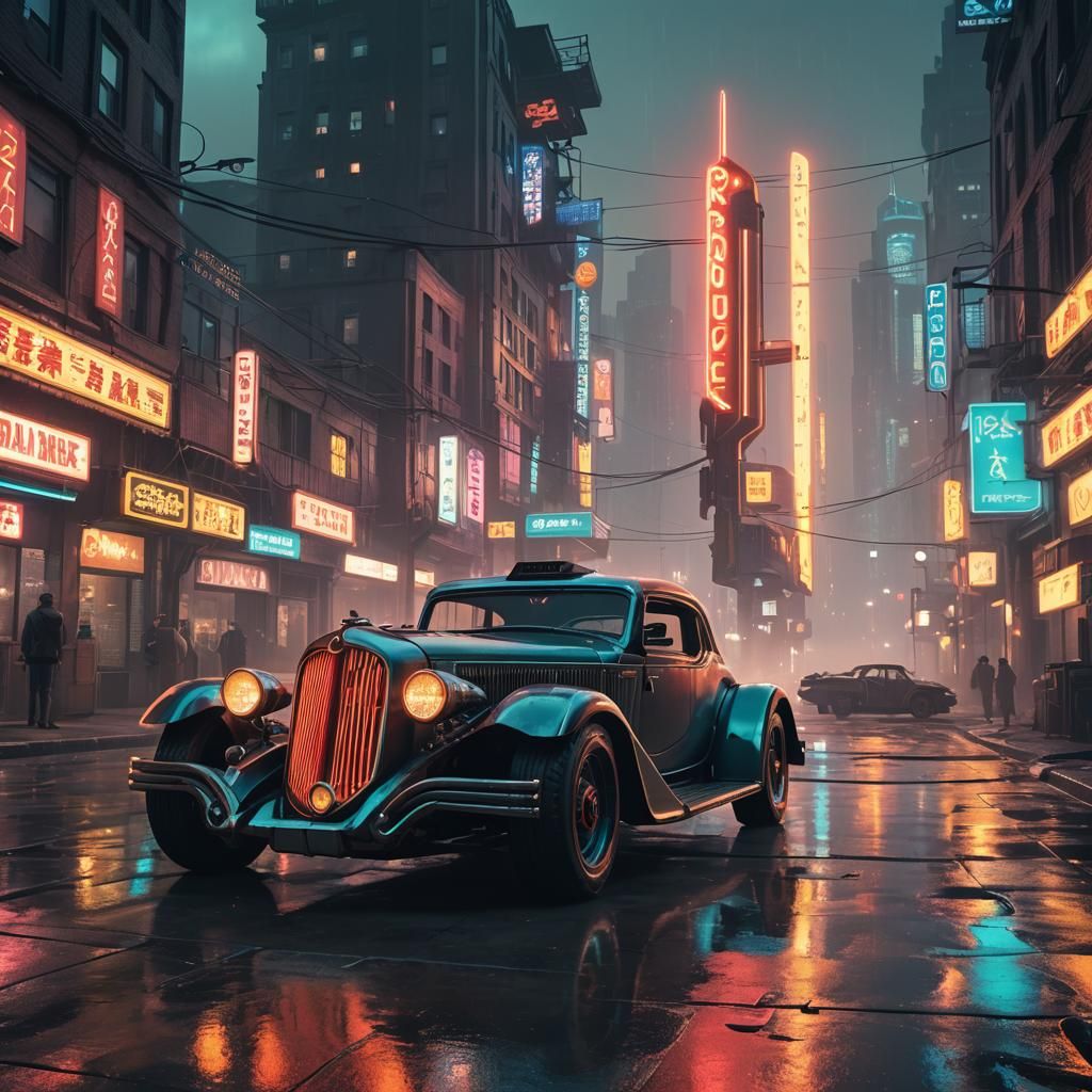 A 1930s Excalibur parked in a Blade Runner style city cyberpunk 2099 ...