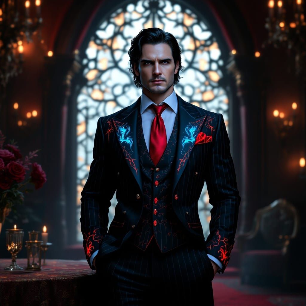 Gothic Bruce Wayne in Opulent Fantasy Setting - AI Art