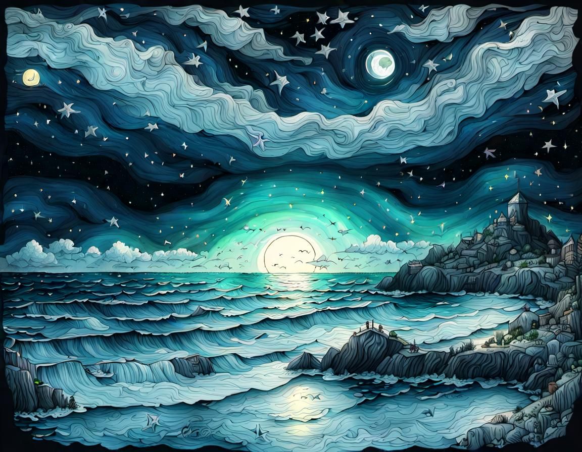 Waves under the nightsky atmosphere - AI Generated Artwork - NightCafe Creator