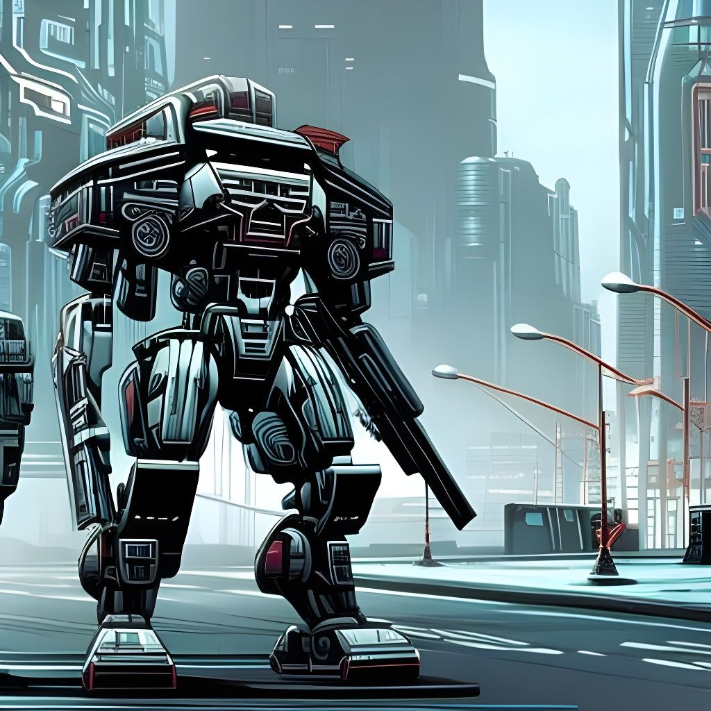 Cyberpunk armored walker mech with missile turrets, standing in a ...
