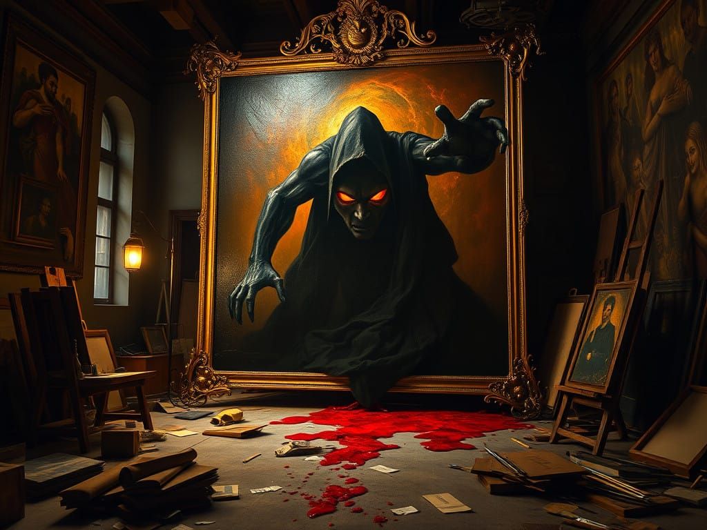 A dark, abandoned art studio, with a colossal, unfinished painting on an ornate, gilded easel ...