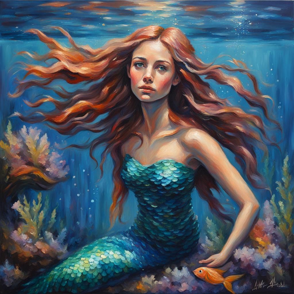 realism, impressionism, acrylic, impasto, beautiful mermaid portrait ...