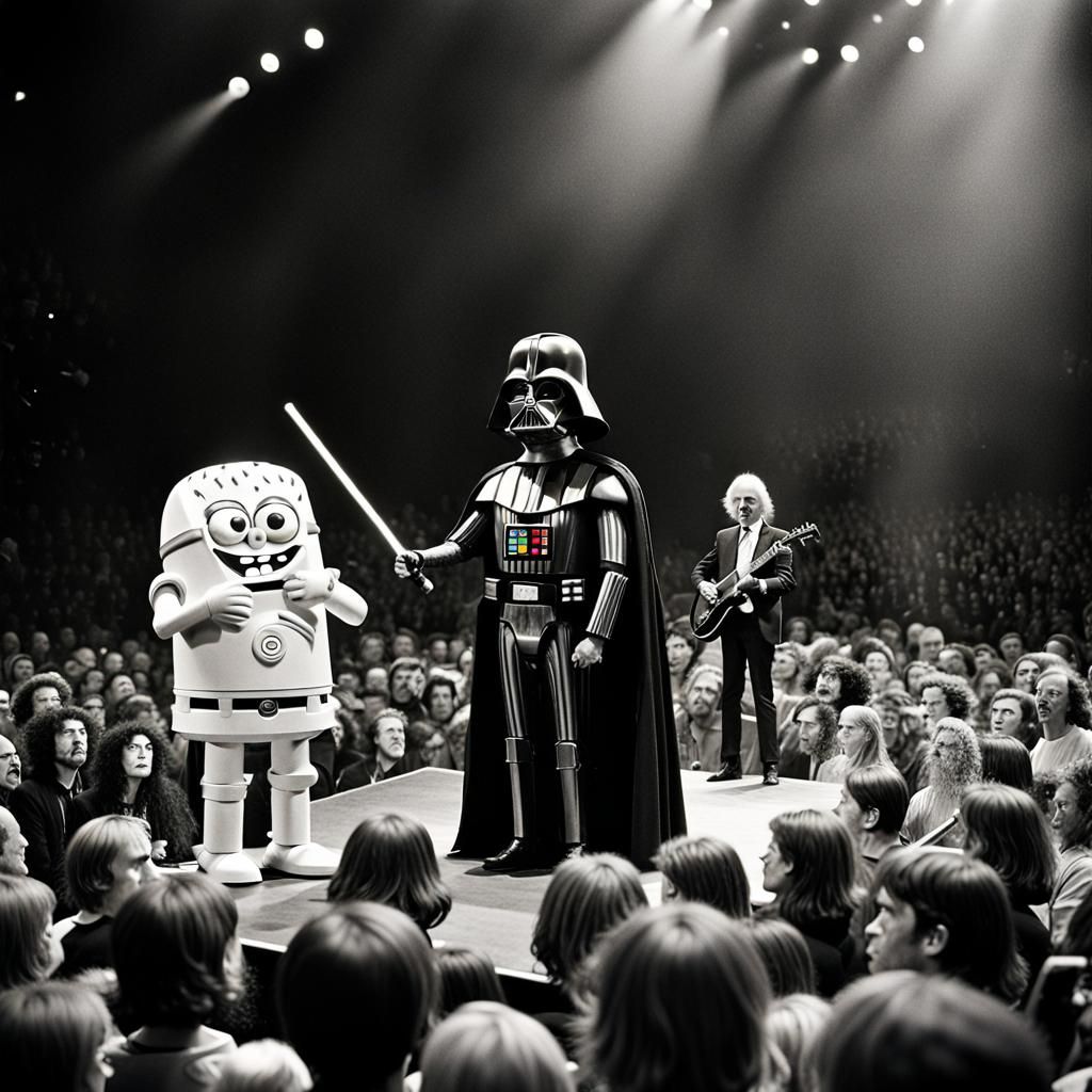 SpongeBob and Darth Vader at the rock concert, historic photograph - AI ...