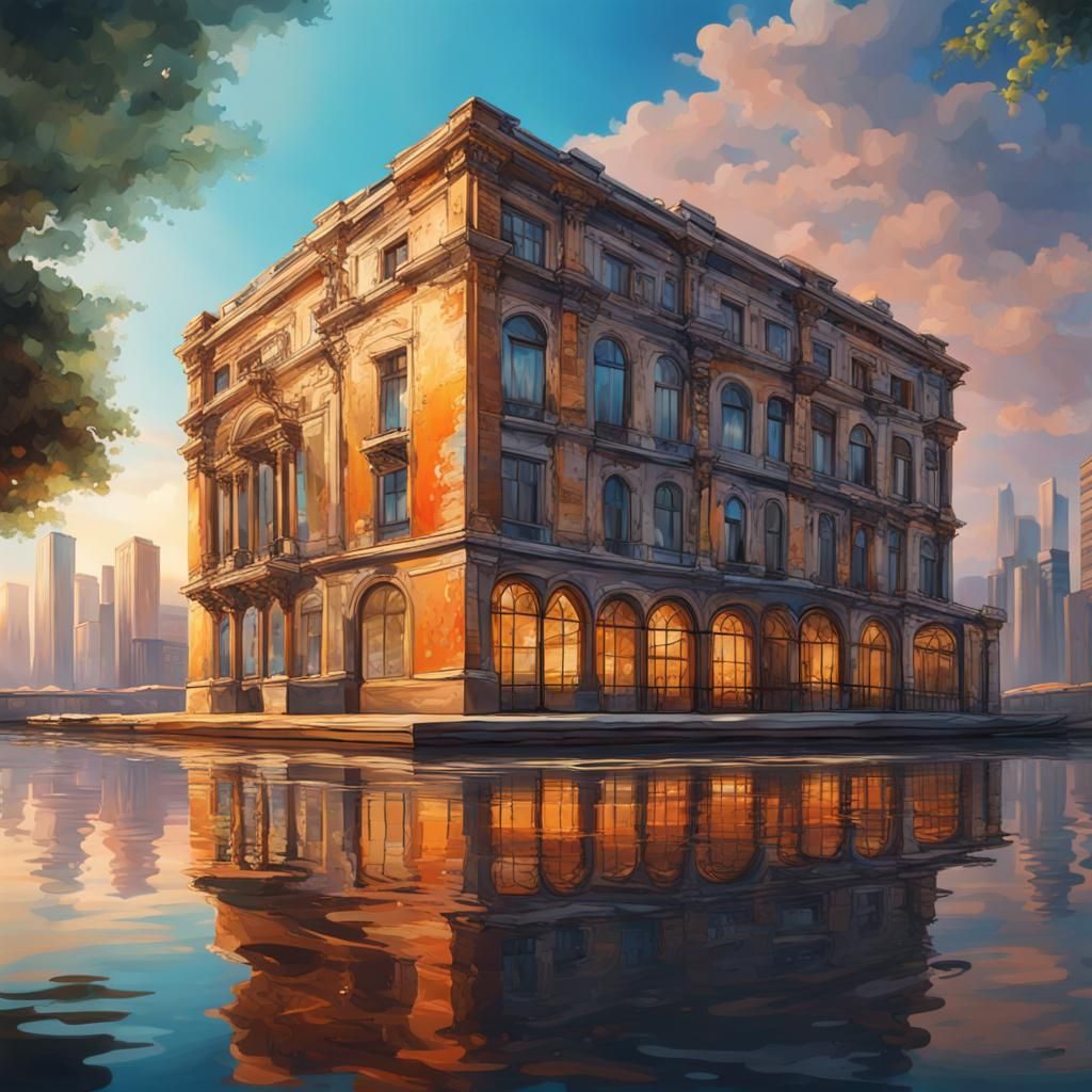 An old building by the water and the reflection shows the building ...