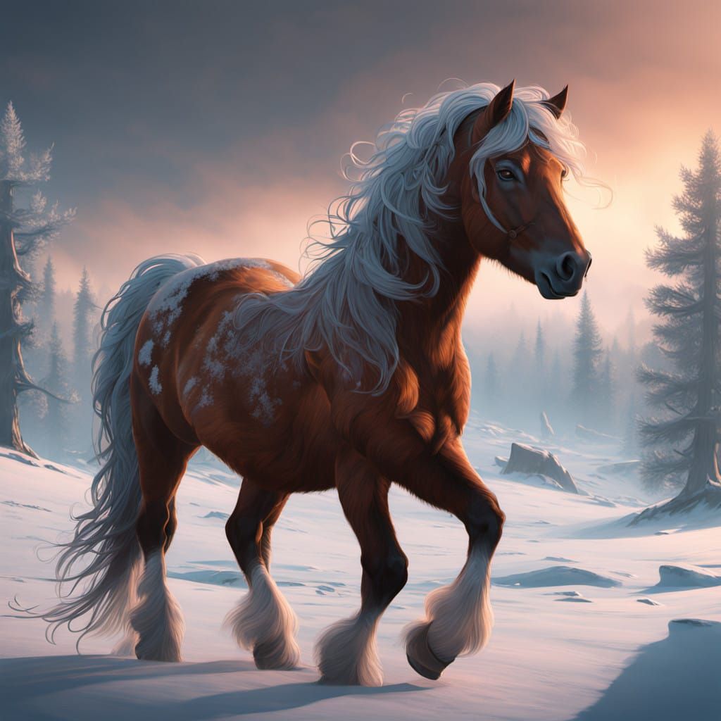 Glowing Pony Runs Freely Through Endless Snow - AI Art
