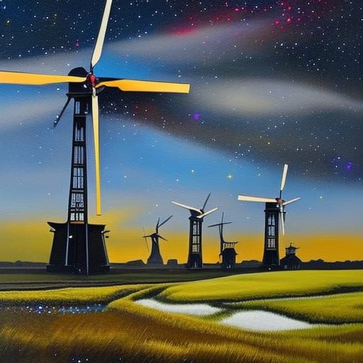 The Windmills of Kinderdijk Netherlands in the Night Sky - AI Generated Artwork - NightCafe Creator