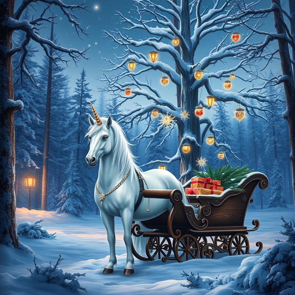 Mythical Christmas - Winter Wonderland Scene with a Regal Un...