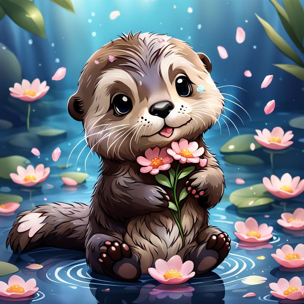 A chibi otter otter with flower petals - AI Generated Artwork ...