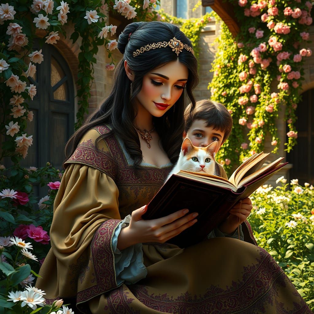 Medieval Princess in Fantasy Castle Courtyard Read... - AI Art