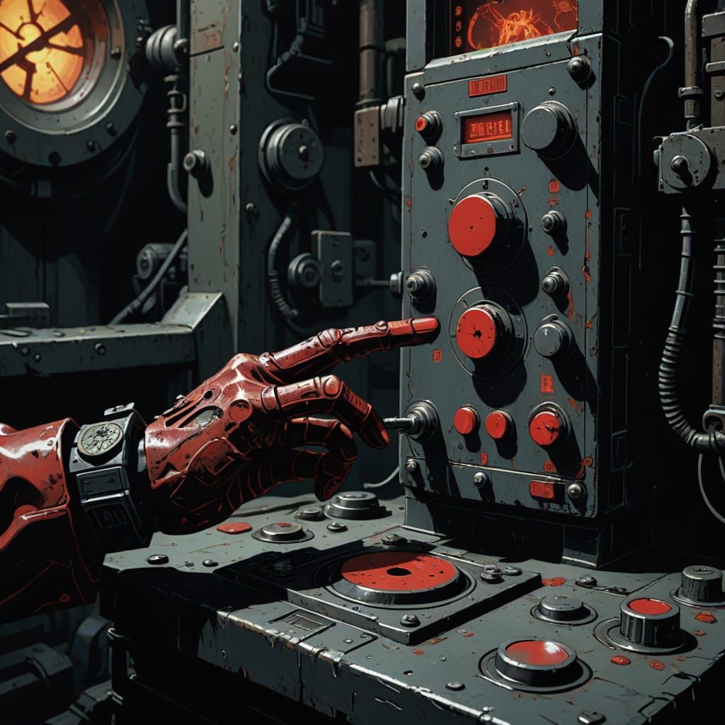 Mechanical Finger on Nuclear Destruction Button in... - AI Art
