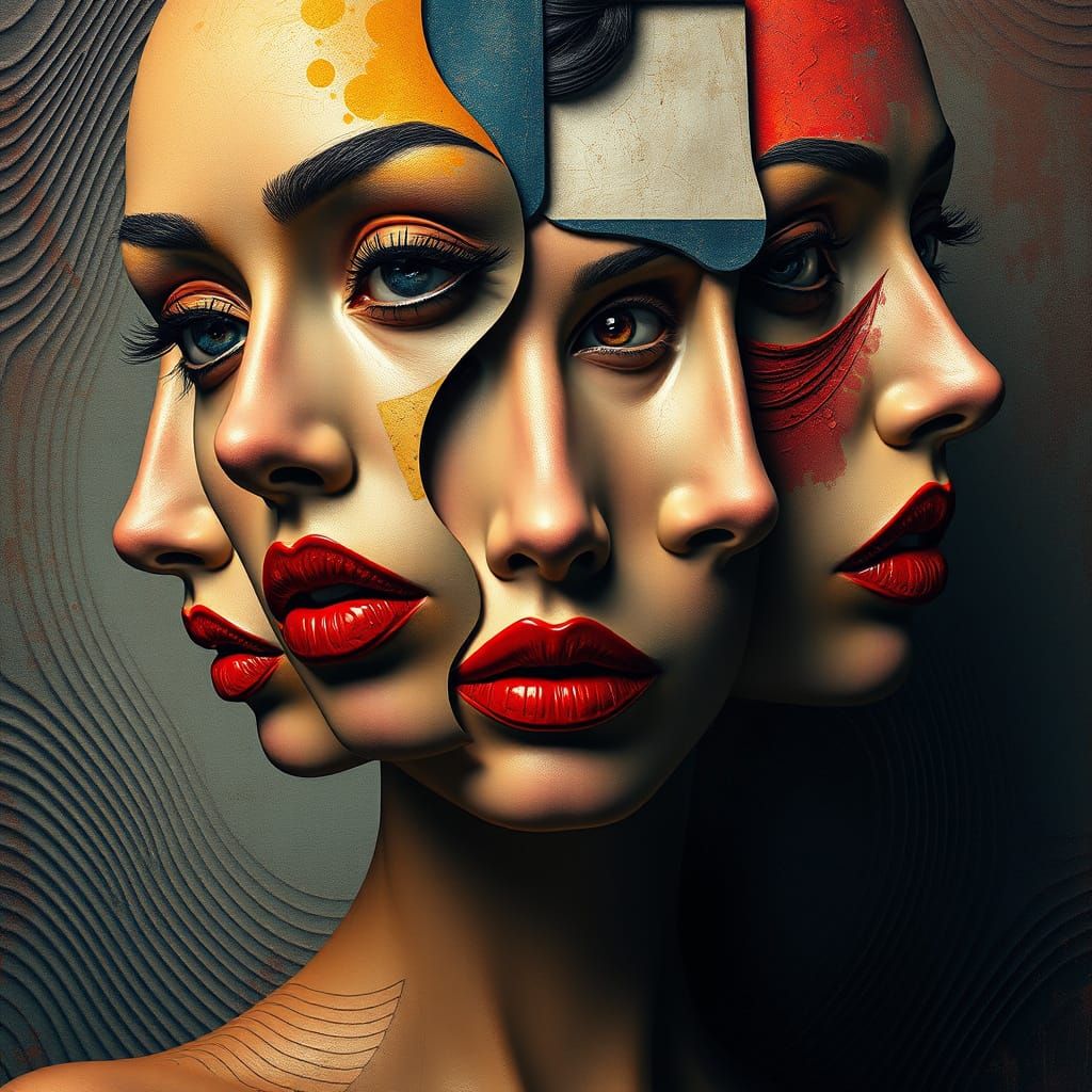 Surreal portrait, multiple overlapping faces,