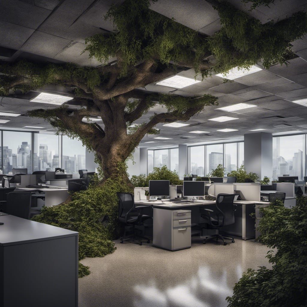 Dystopian image of a big office space with cubicles and an overgrown ...