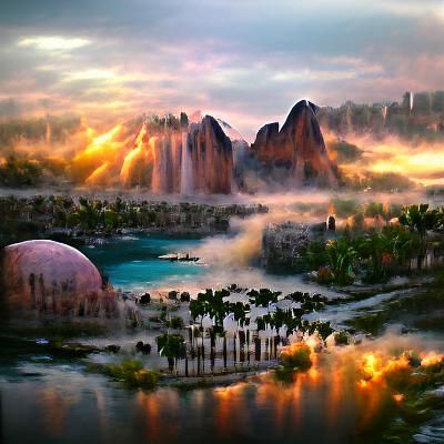 Magic sunrise over pretty oasis - AI Generated Artwork - NightCafe Creator