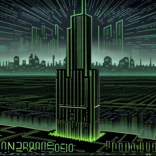 Digital green ascii Landscape cityscape of ASCII text falling and ...