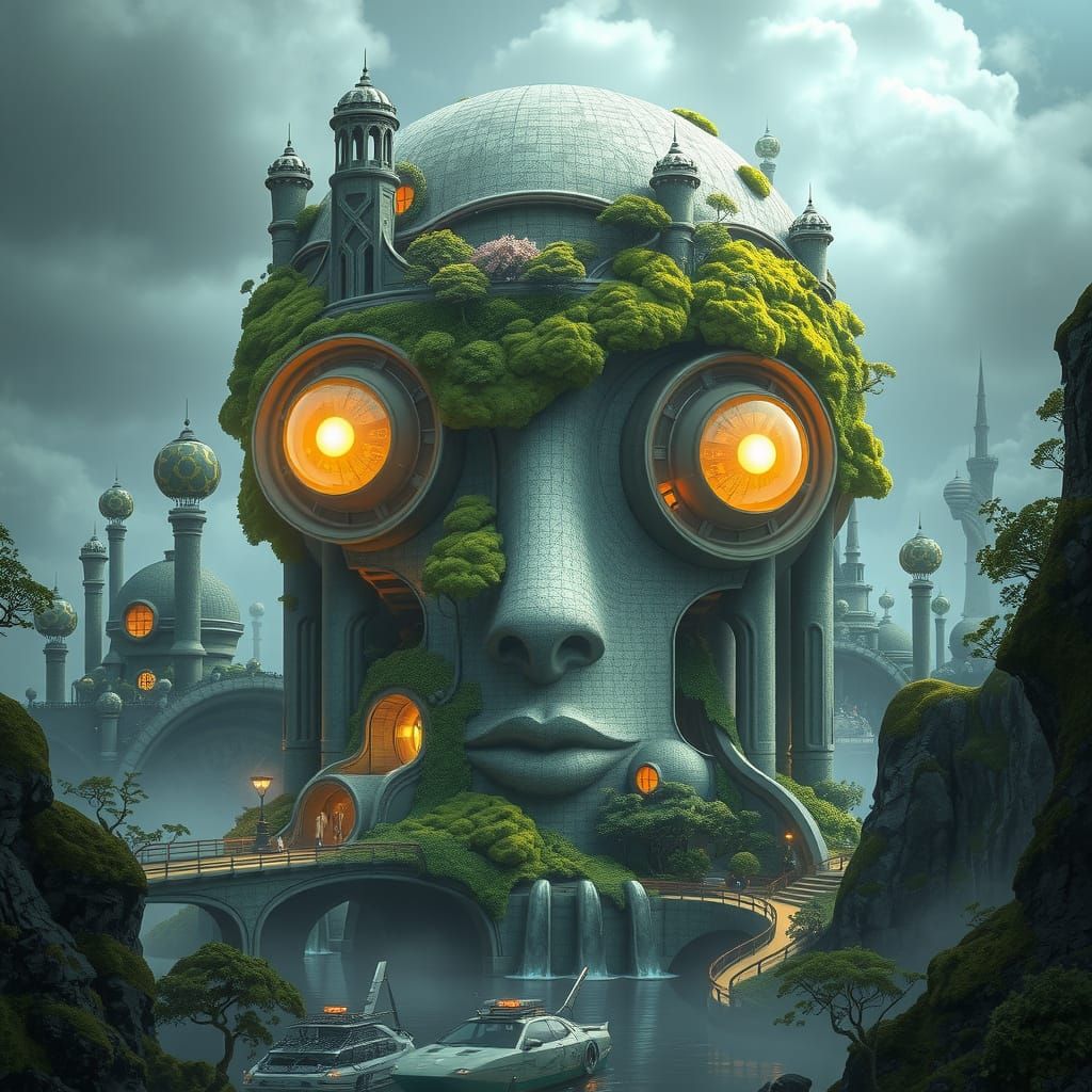 A giant solarpunk face, infused with lush greenery, forms the foundation of a futuristic cityscape