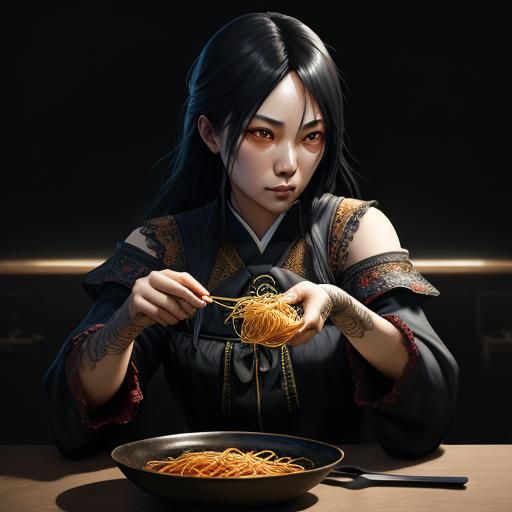 Humble Gothic Girl Eating Spaghetti! - AI Generated Artwork - NightCafe Creator