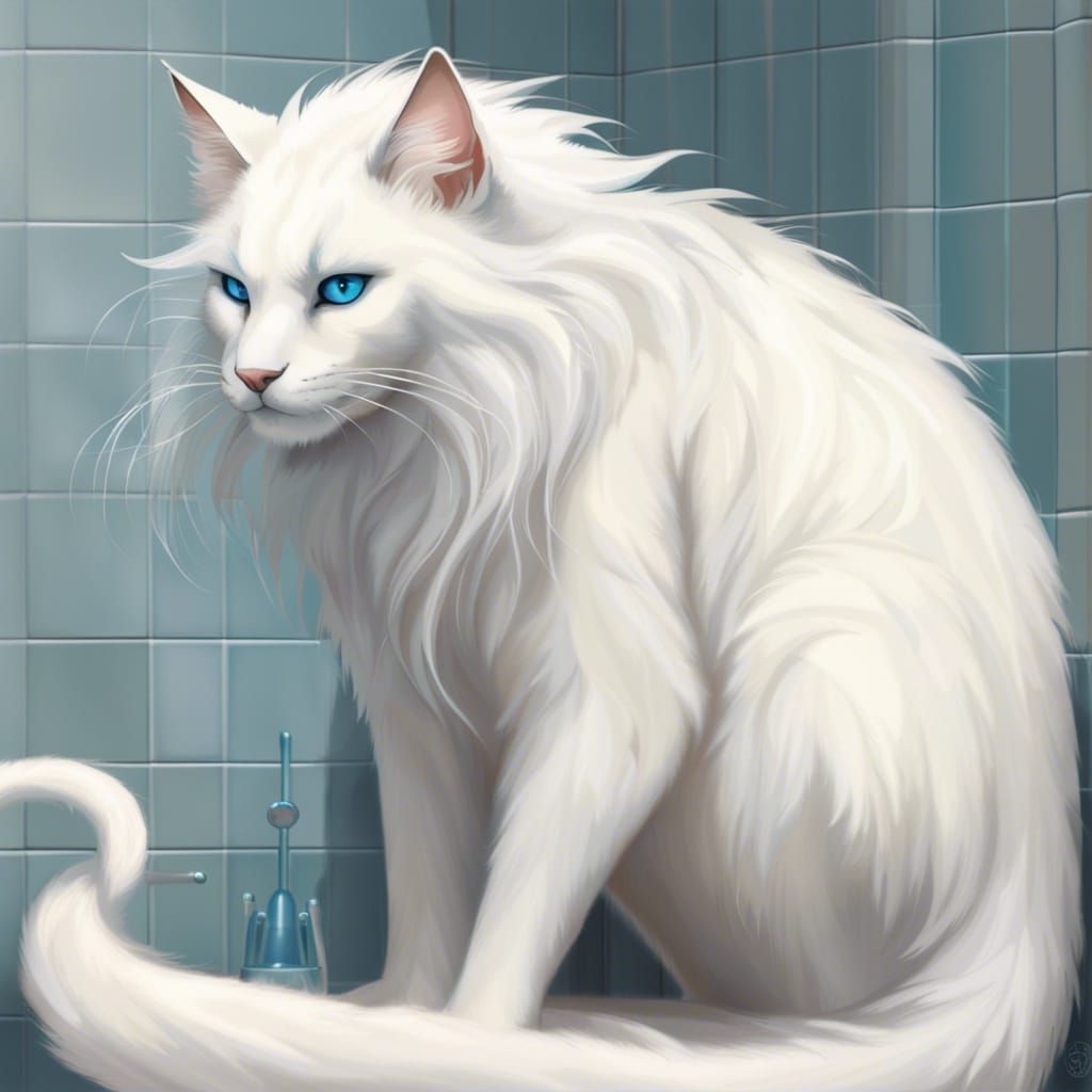 six foot tall werecat with curved body, white hair, blue eyes, bathroom ...