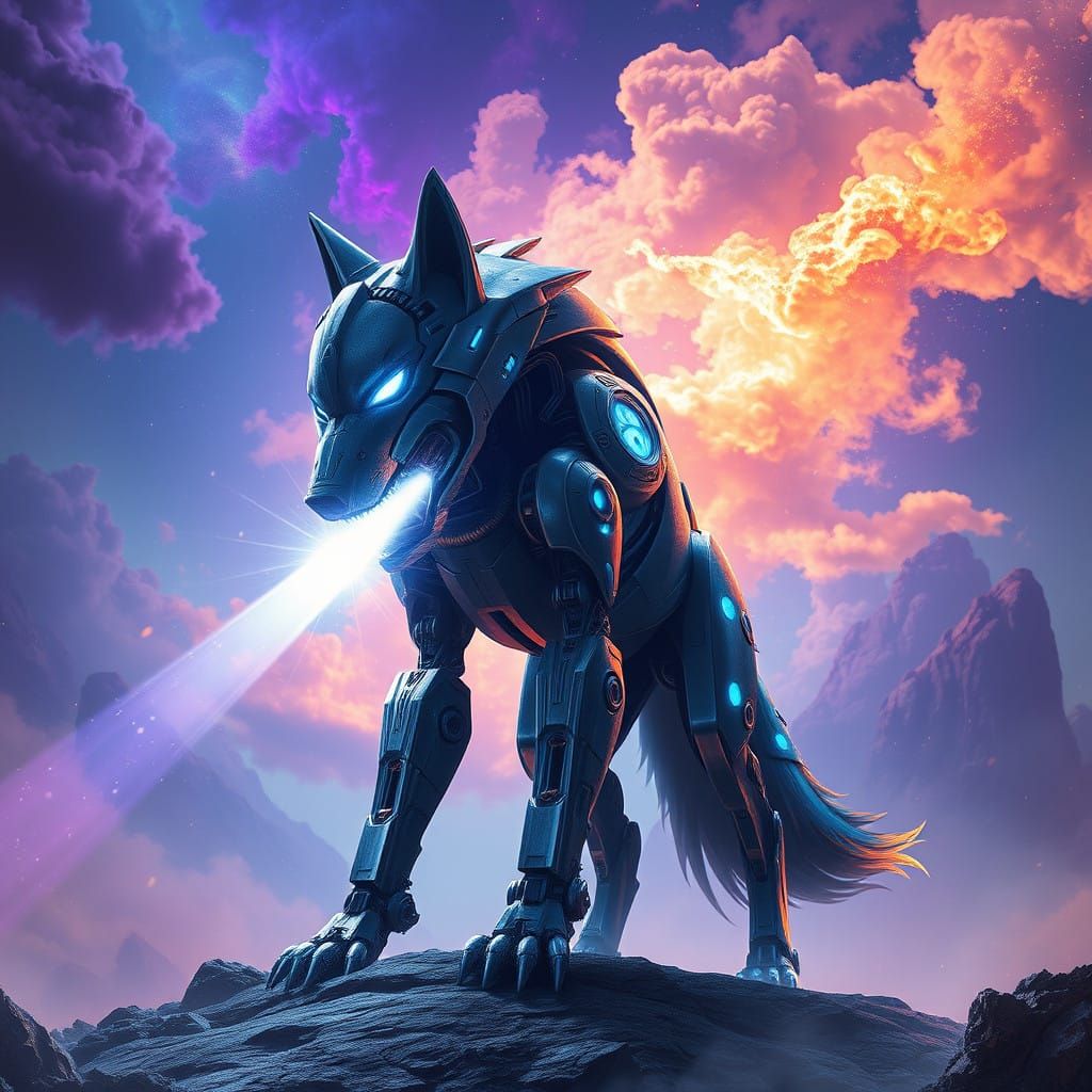 Cyberpunk Robot Wolf Unleashes Cosmic Energy in Dr... - AI Art