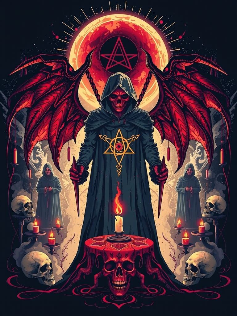 occult demonic ritual, dark eerie and macabre horror. Vector design